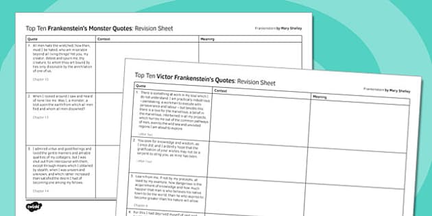 Frankenstein Quotes Revision Sheets (teacher made)