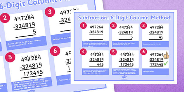 Subtracting 6-Digit Numbers Using Column Method Display Poster