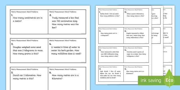 Word Problems Converting Units Of Measurement Metric Cards