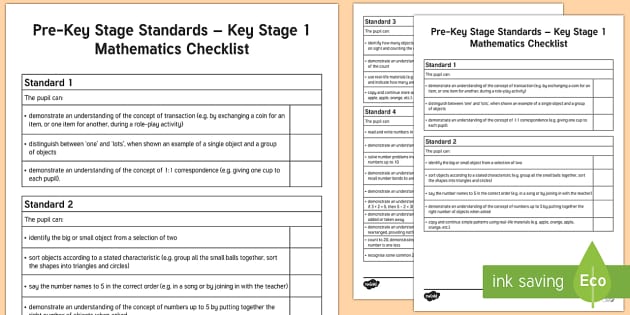Pre Key Stage Standards KS1 Maths Assessment Checklist