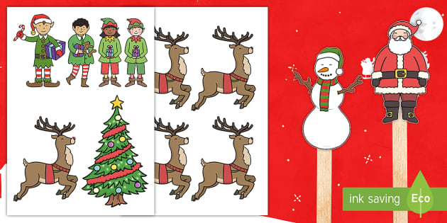 Christmas Aistear Santa's Workshop Stick Puppets - Twinkl
