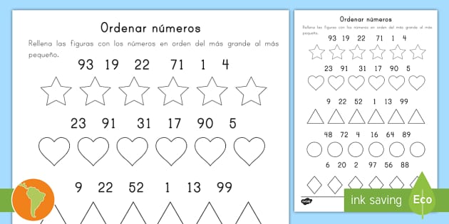 Ficha de actividad: Ordenar números de mayor a menor Ficha de actividad: Ordenar números de mayor a menor