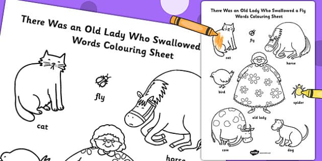 There Was an Old Lady Who Swallowed a Fly Words Colouring Sheet