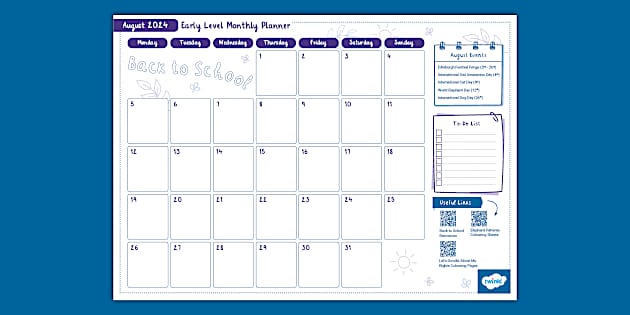 August Early Level Teacher A3 Doodle Month to View Planner