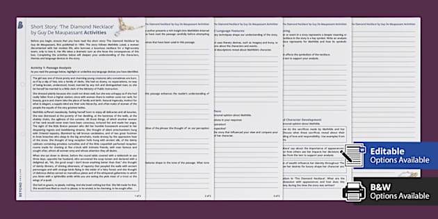 Short Story: 'The Diamond Necklace' Comprehension Activities