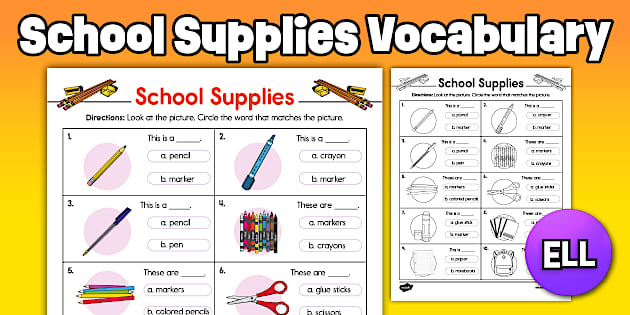 School Supplies Vocabulary for ELL | Picture and Word Worksheet