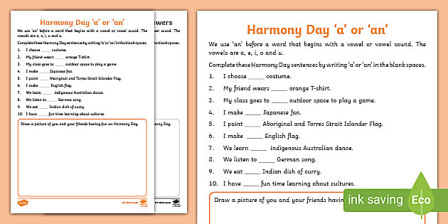FREE! - Harmony Day 'A' or 'An' Worksheet (teacher made)
