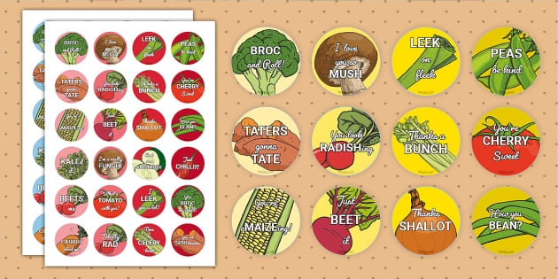 Vegetable Puns | Primary Colours | Reward Stickers - Twinkl