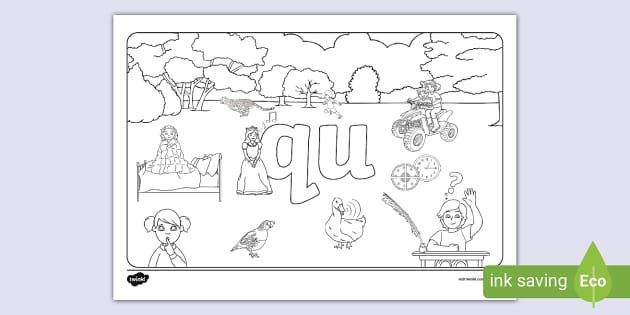 'Qu' Sound Loaded Colouring Page (teacher made) - Twinkl