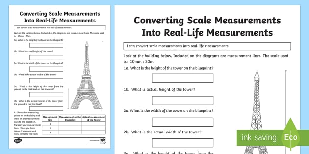 Converting scale measurements into real life measurements 3 Worksheet