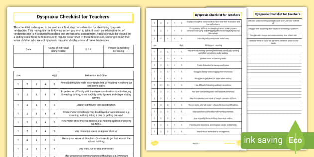 Dyspraxia Initial Screening Checklist for Teachers