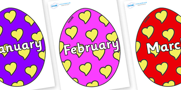 Months of the Year on Easter Eggs (Hearts) (teacher made)