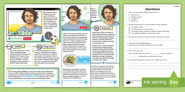 UKS2 Joe Wicks Differentiated Reading Comprehension Activity