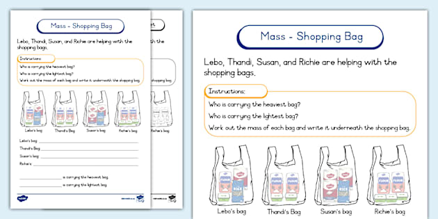 Grade 2 Maths: Mass: Shopping Bags (teacher made) - Twinkl