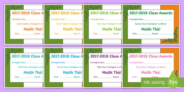2017-2018 Gaeilgeoir na Bliana Certificates (teacher made)