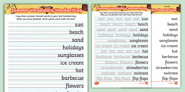 Summer Vocabulary Left-Handed Handwriting Activity Sheets Summer Vocabulary Left-Handed Handwriting Activity Sheets