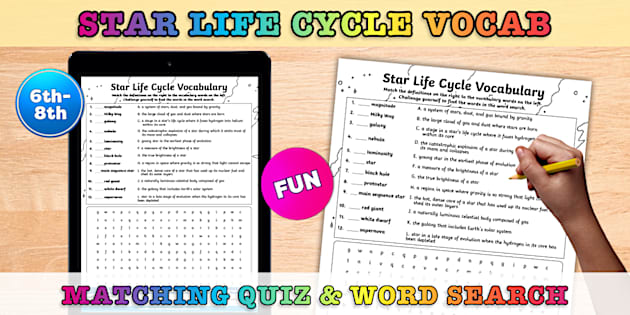 Star Life Cycle Vocabulary Matching Quiz and Word Search