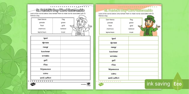 St. Patrick's Day Word Unscramble Activity - Grades K-3