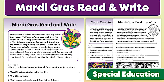 Mardi Gras Read and Write With Sentence Stems for Special Ed