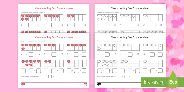 Candy Hearts Ten Frame Addition Sums 11-20 Homeschool Kindergarten ...