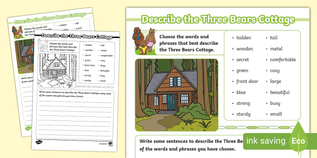 Describe the Three Bears Cottage Worksheet - Twinkl