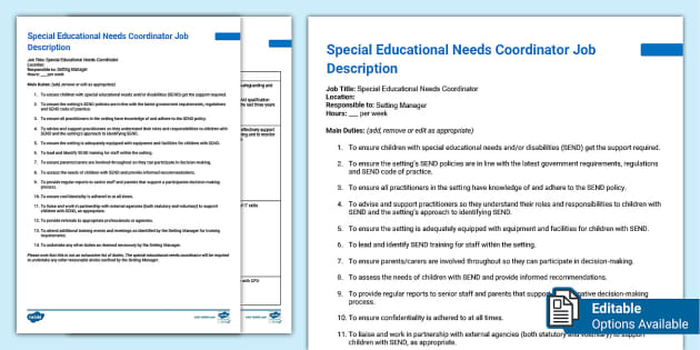 Special Educational Needs Coordinator Job Description and Person Specification