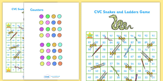 Snakes and Ladders CVC (1-100) (teacher made) - Twinkl