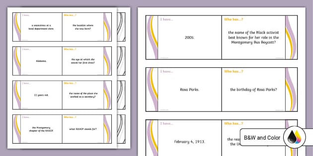 Sixth Grade Rosa Parks I Have, Who Has Game (teacher made)