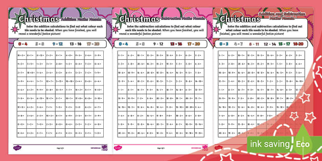 Christmas Addition and Subtraction Maths Mosaic (Ages 5 - 6)