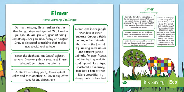 Editable Home Learning Challenges Nursery FS1 to Support Teaching on Elmer