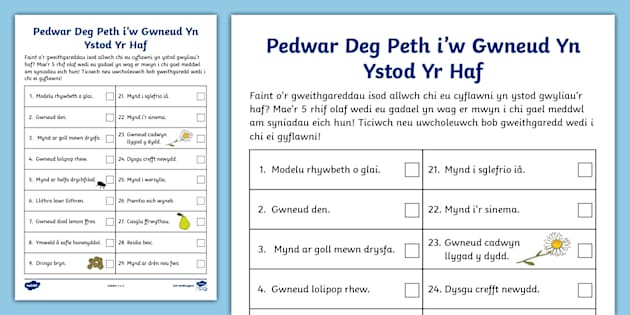 Taflen Weithgaredd Pedwar Deg Peth I'w Gwneud yn Ystod Yr Haf