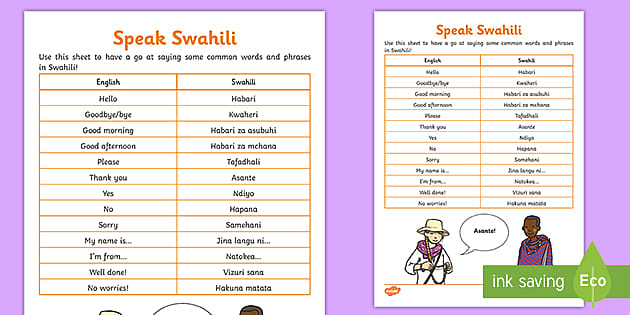 Speak Swahili Worksheet Worksheet