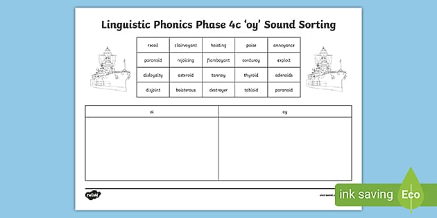 Linguistic Phonics Phase 4c 'oy' Sound Sorting Worksheet