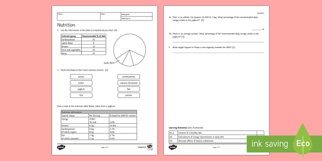 KS3 Nutrition Homework Worksheet / Worksheet (teacher made)