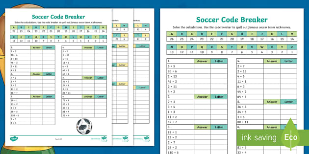 Soccer Code Breaker Math Activity (teacher made)
