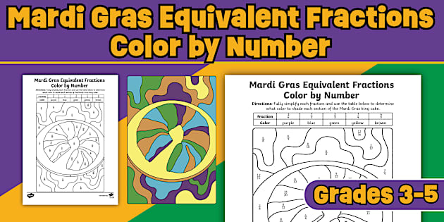 Mardi Gras Equivalent Fractions Color by Number Worksheet
