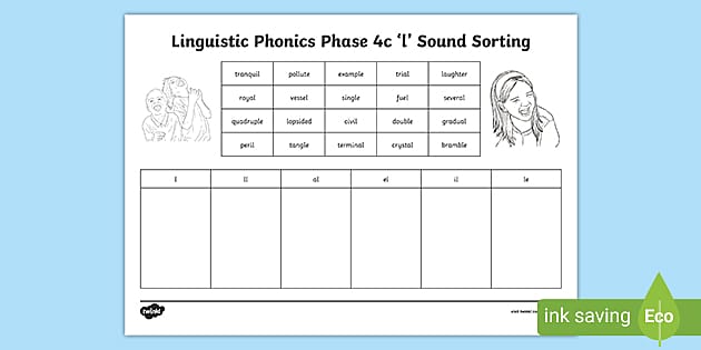 Linguistic Phonics Phase 4c 'l' Sound Sorting Worksheet