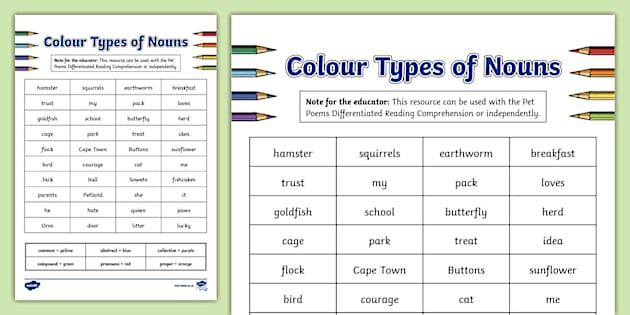 Colour Types of Nouns: Activity Sheet 1 - Twinkl