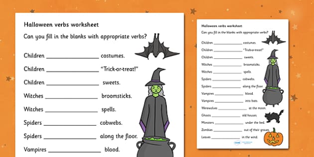 Halloween Verbs Worksheet / Worksheets- Halloween Verbs Worksheets, verbs