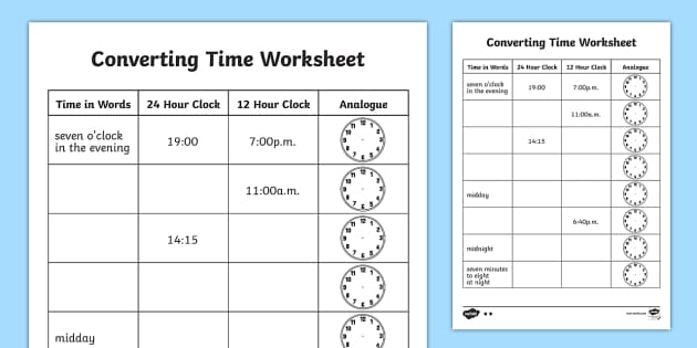 24 Hour Clock Worksheets Converting Time Year 5 6