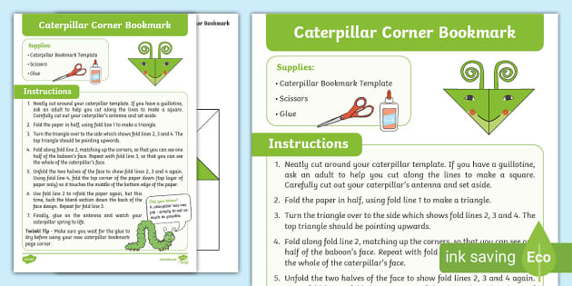 Page Corner Caterpillar Bookmark Craft to create a bookmark.