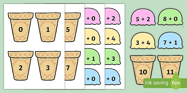 Number Bonds to 20 Ice Cream Cone Matching Worksheets