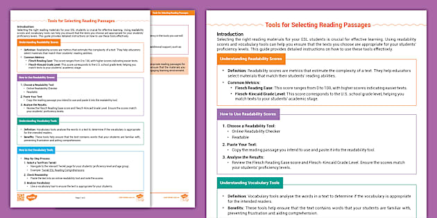Teaching English Reading: Tools for Selecting Reading Passages Guide