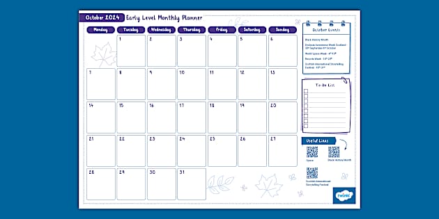 October Early Level Teacher A3 Doodle Month to View Planner