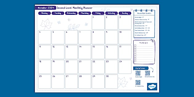 November Second Level Teacher Doodle Month to View Planner