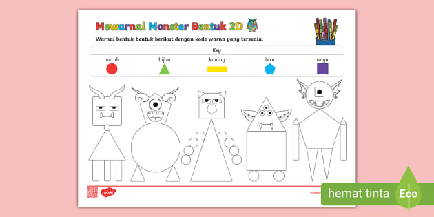 Worksheet Mewarnai Monster Bentuk 2D (teacher made) - Twinkl