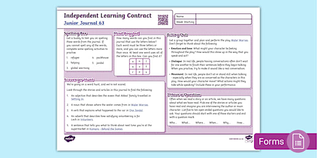 Junior Journal 63 August 2022: Independent Learning Contract