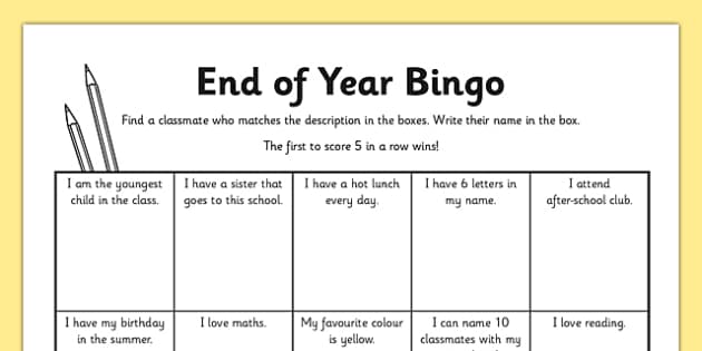 Last Day of School Bingo Worksheet / Worksheet - End of the School Year ...