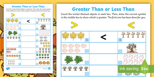 Autumn-Themed Greater Than or Less Than up to 10 Worksheet