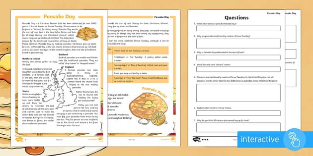 Pancake Day Reading Comprehension Sheet - ESL Pancake Day Reading